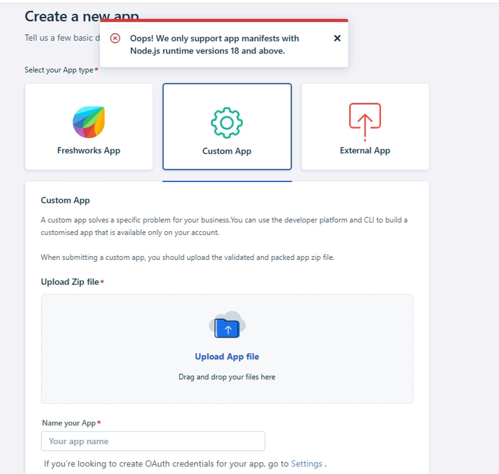 Error when building custom app with Freddy AI Copilot with Node.js runtime versions 18 and above ...