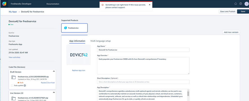 Error trying to publish new version of Freshservice app - App Platform ...