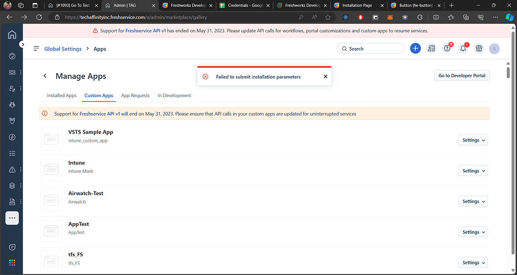 Failed to submit installation parameters - Freshservice - App Platform - Freshworks Developer ...