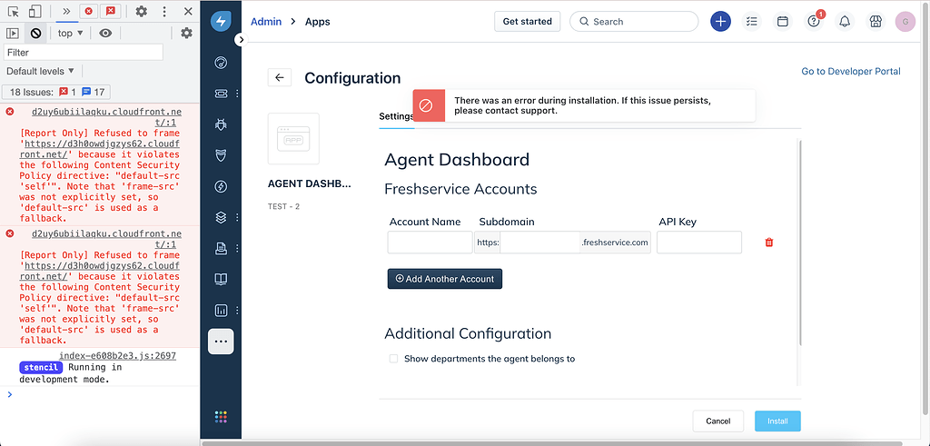 Freshservice Custom App install Error - App Platform - Freshworks Developer Community
