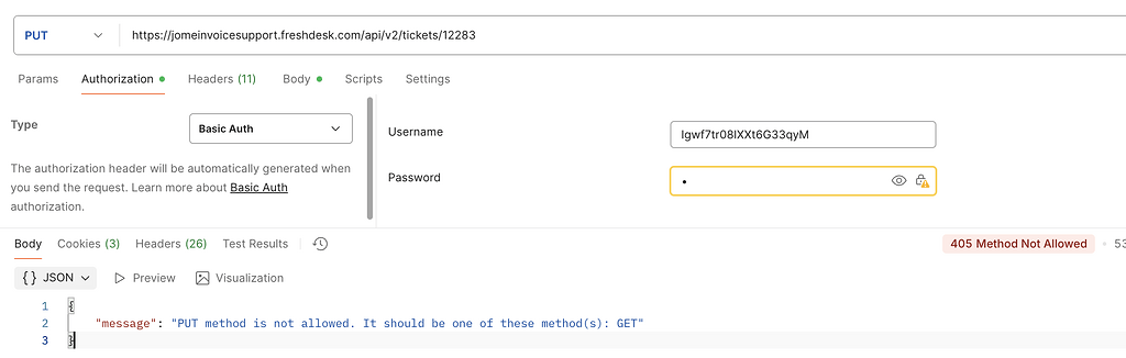 PUT method not allowed when calling Update Ticket API (Error 405 ...