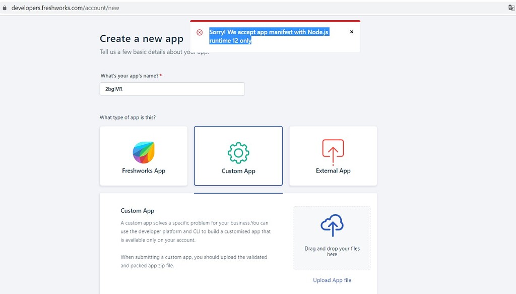 Error When Trying To Upload Custom App To Developers Portal App Platform Freshworks